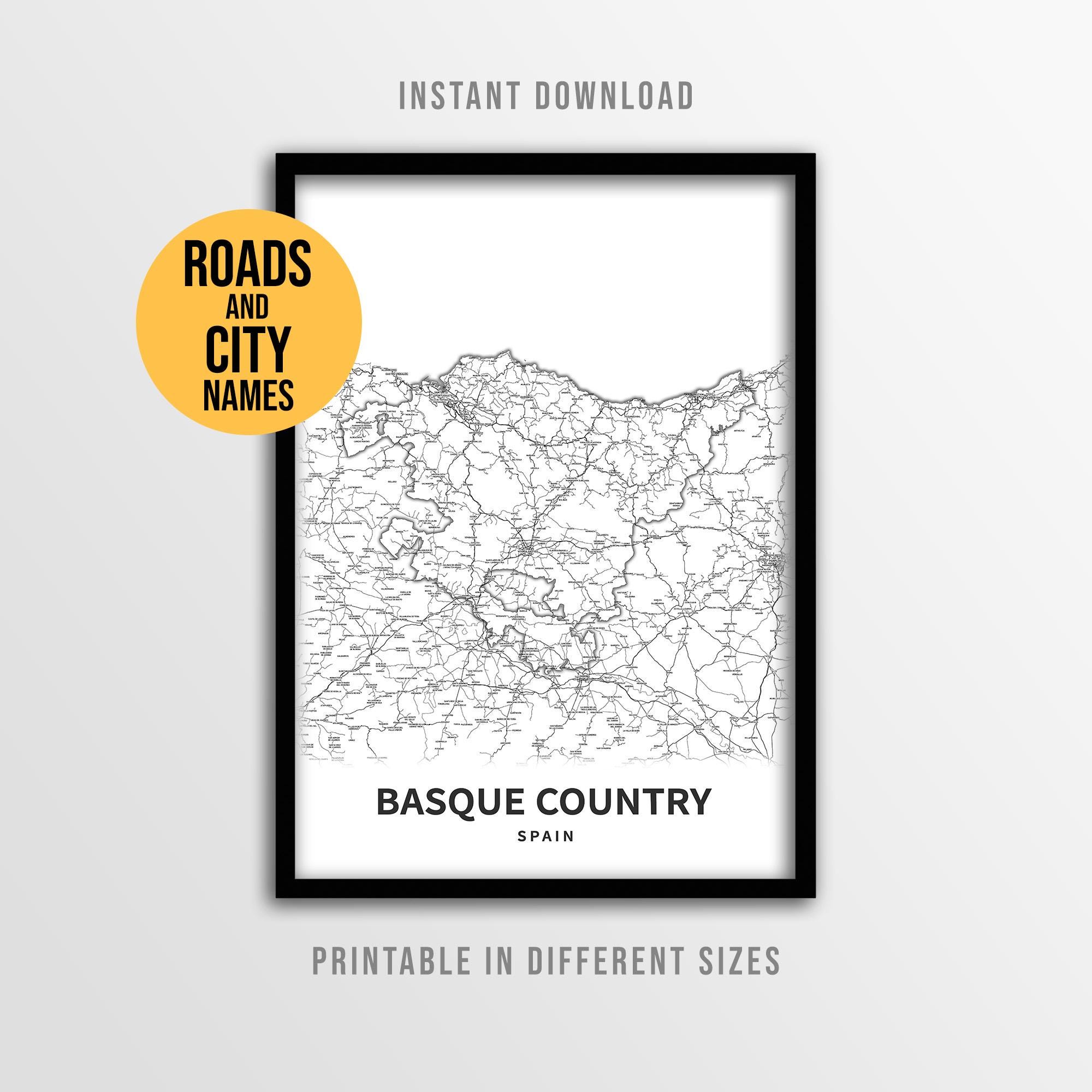 Basque Country Map Poster, Printable Spain Road Map With City Names ...