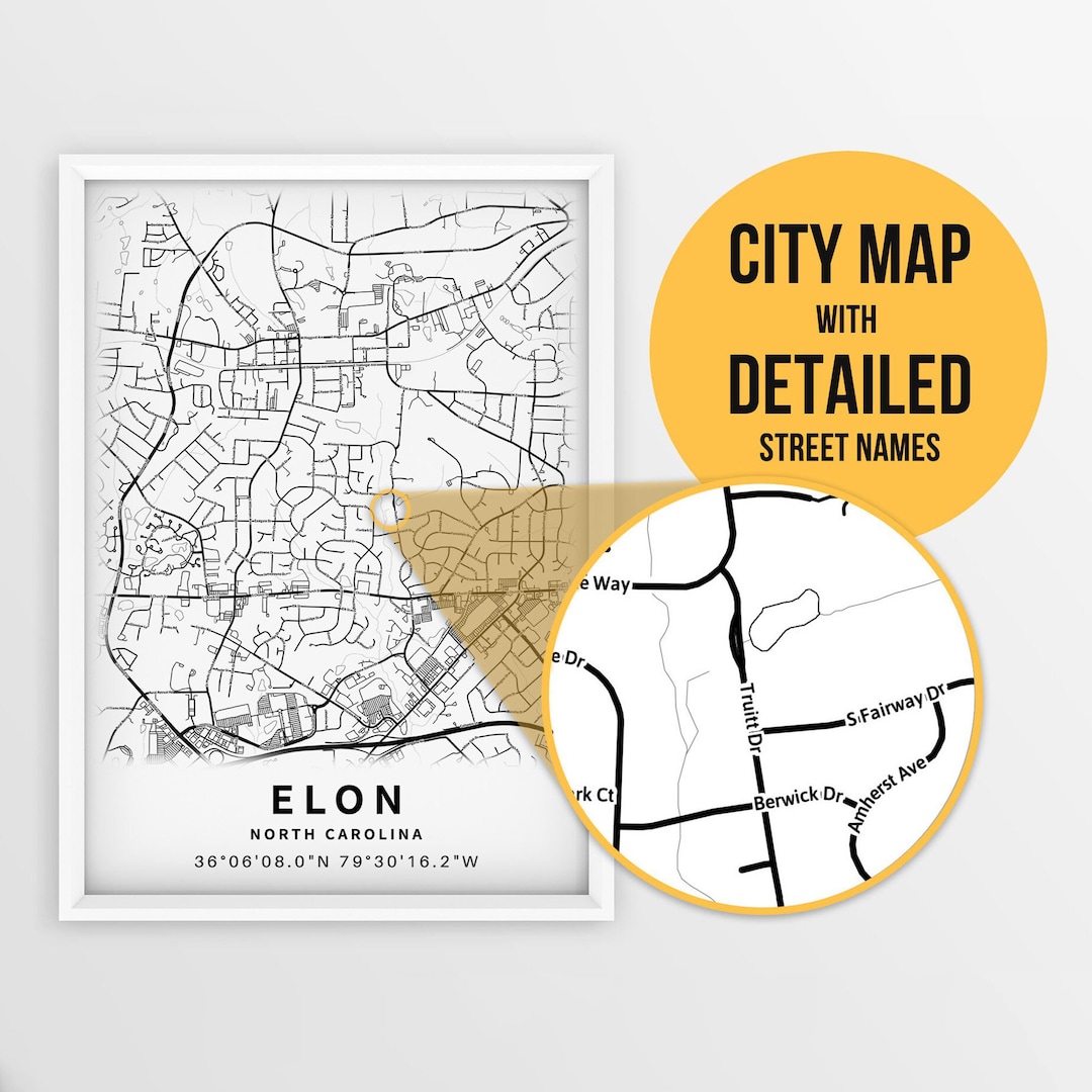 Printable Map of Elon, North Carolina, USA With Street Names - Instant Download \ City Map ...