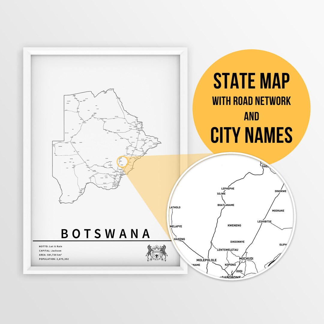 Printable Map of Botswana With City Names and Roads - Instant Download ...