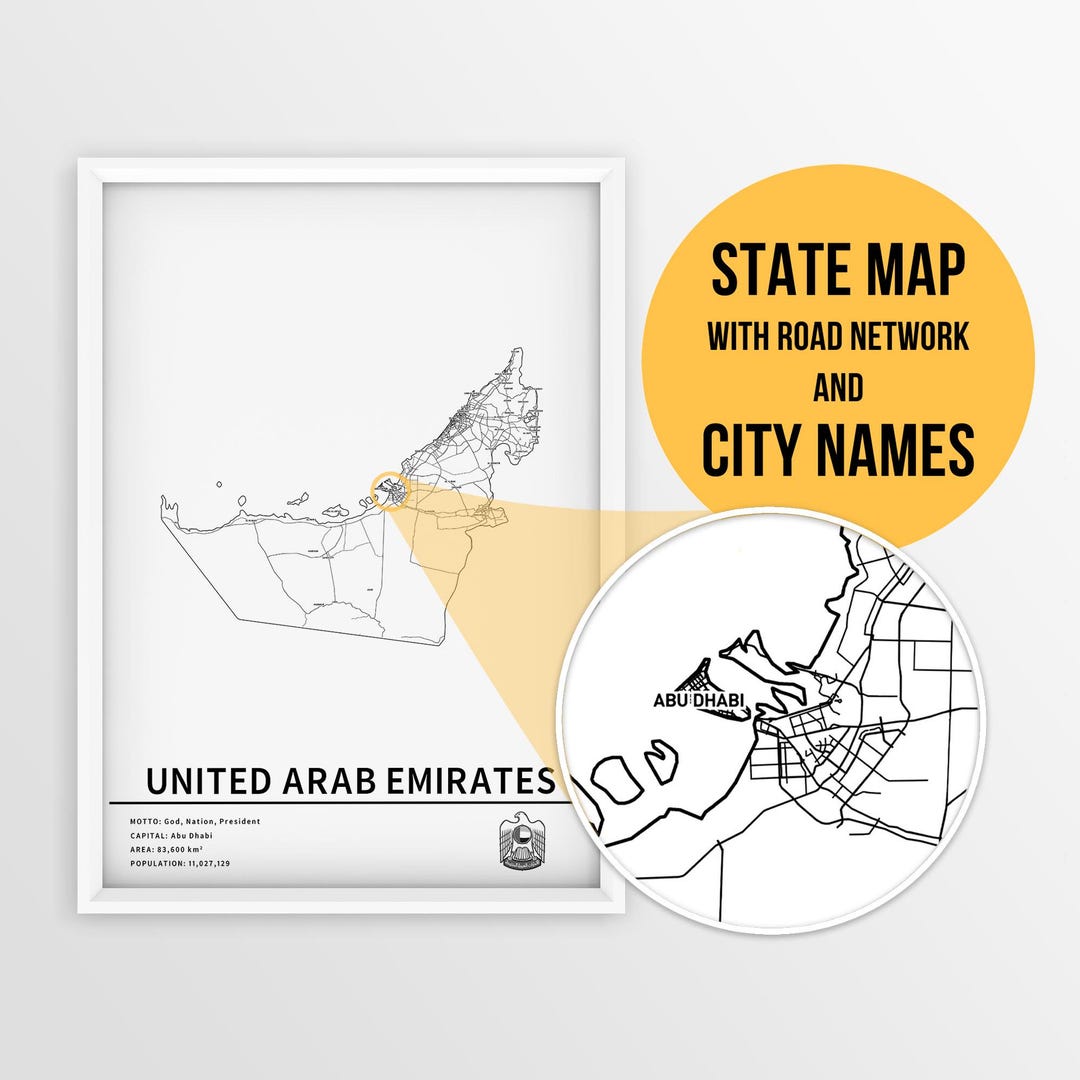 Printable Map of United Arab Emirates With City Names and Roads Instant ...