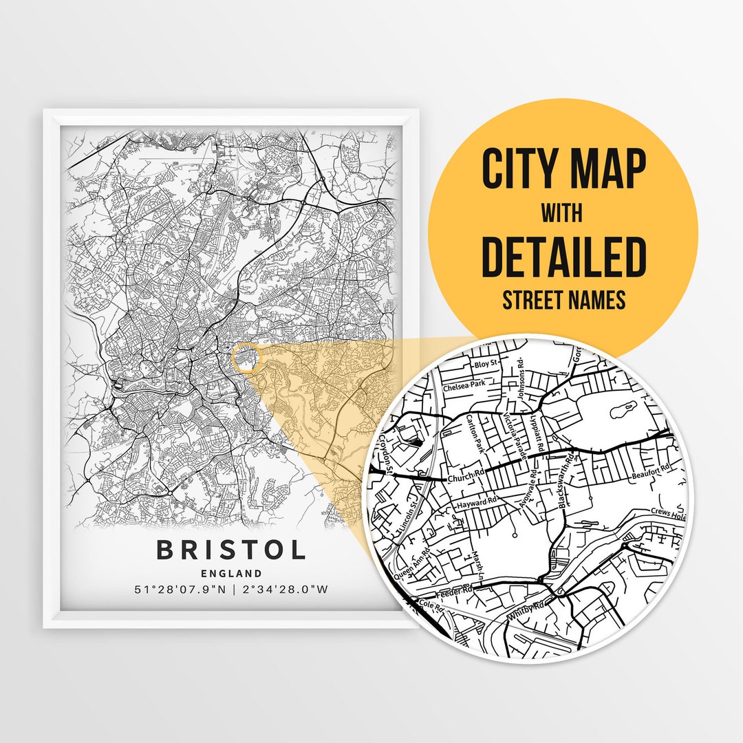 Printable Map of Bristol, England, United Kingdom With Street Names ...