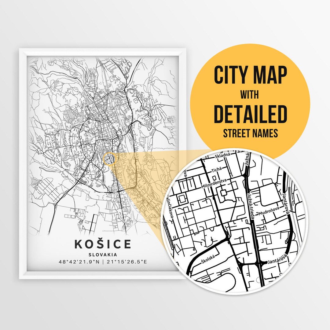Printable Map of Kosice, Slovakia With Street Names - Instant Download ...
