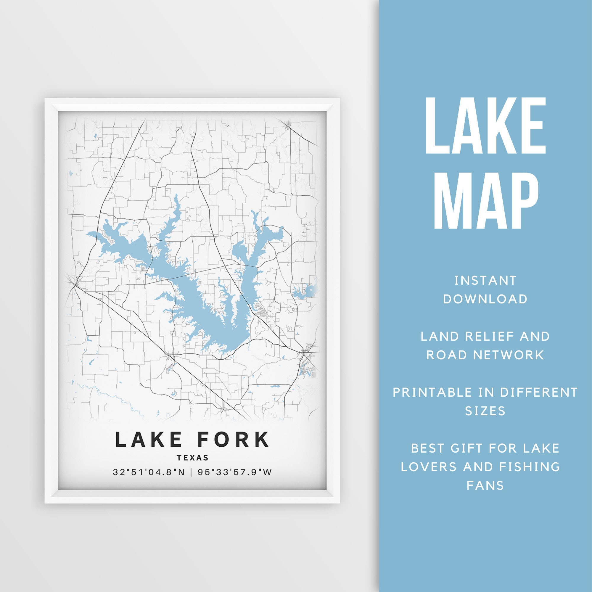 Lake Fork Map Poster, Printable Texas Lake House Wall Art (digital ...
