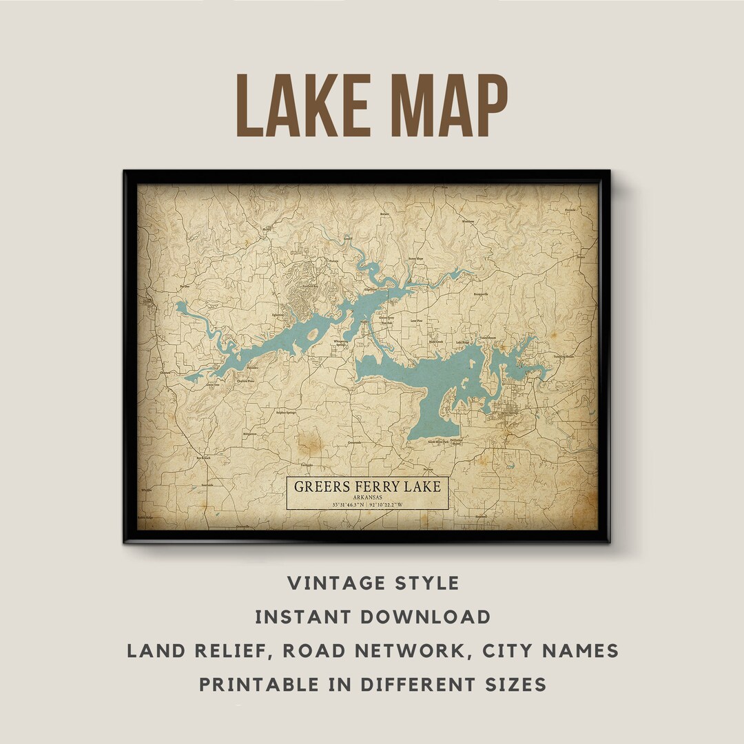 Vintage Style Map of Greers Ferry Lake, Arkansas, USA With City Names ...