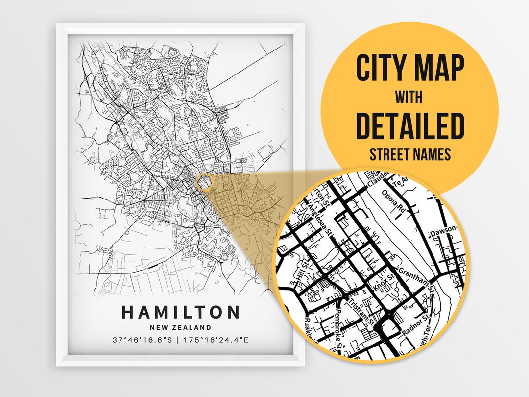 Printable Map of Hamilton New Zealand City With Street Names - Etsy