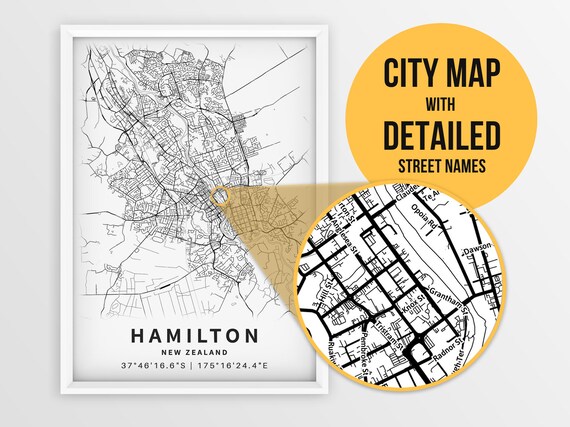 Printable Map of Hamilton New Zealand City With Street Names | Etsy