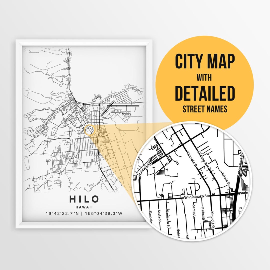 Printable Map of Hilo, Hawaii, USA With Street Names - Instant Download ...