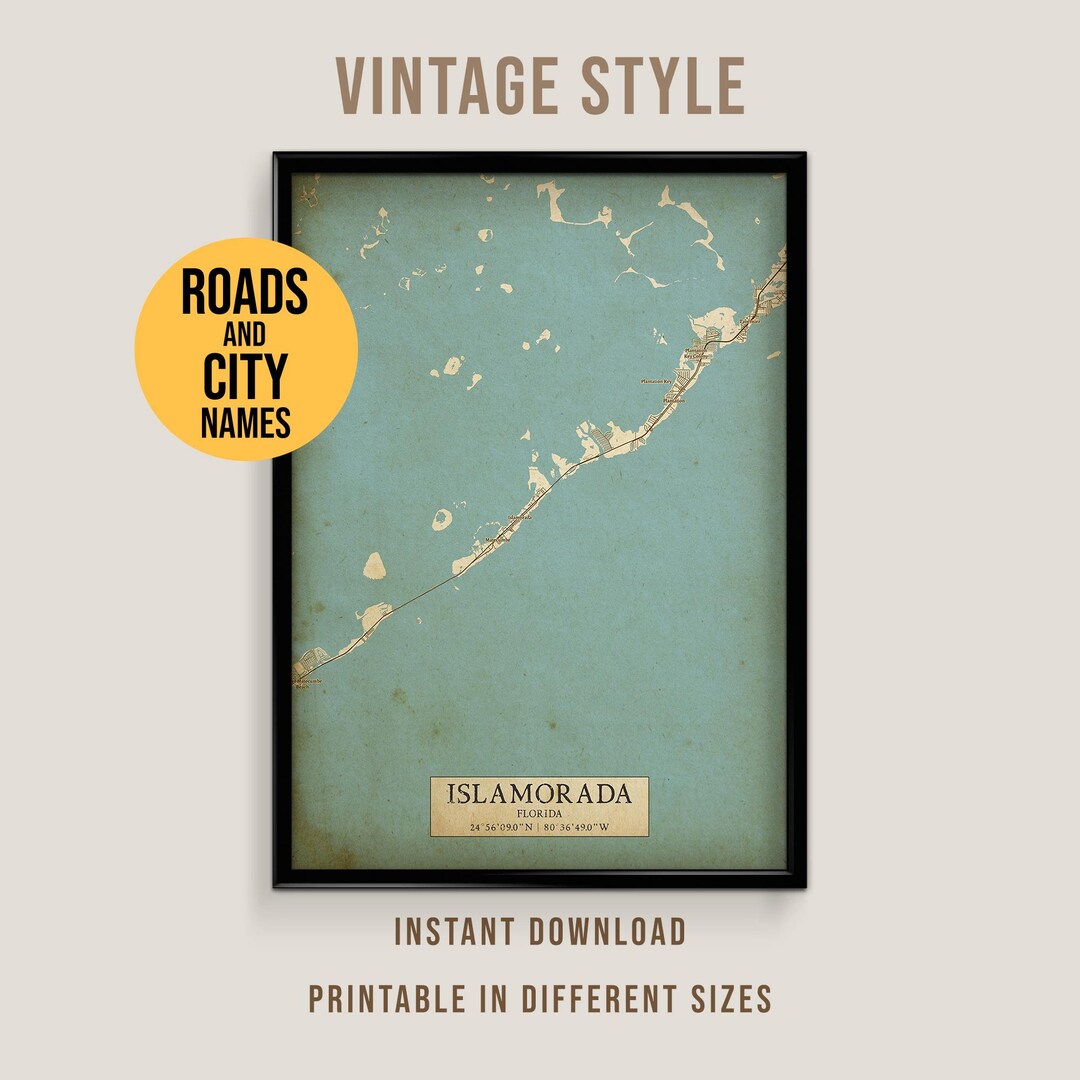Islamorada, Florida Vintage Style Map, Printable Islamorada City Poster ...