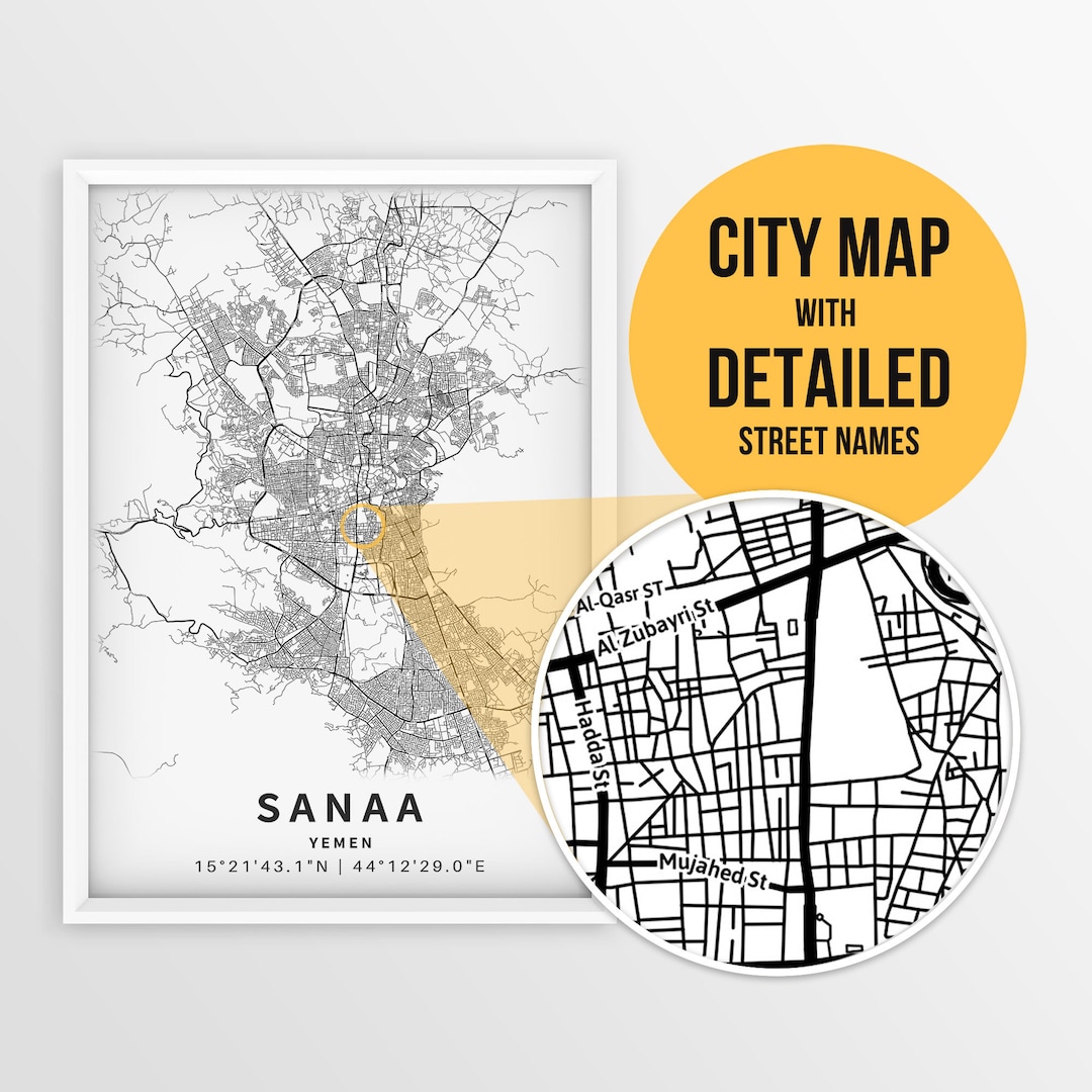 Printable Map of Sanaa, Yemen With Street Names - Instant Download ...