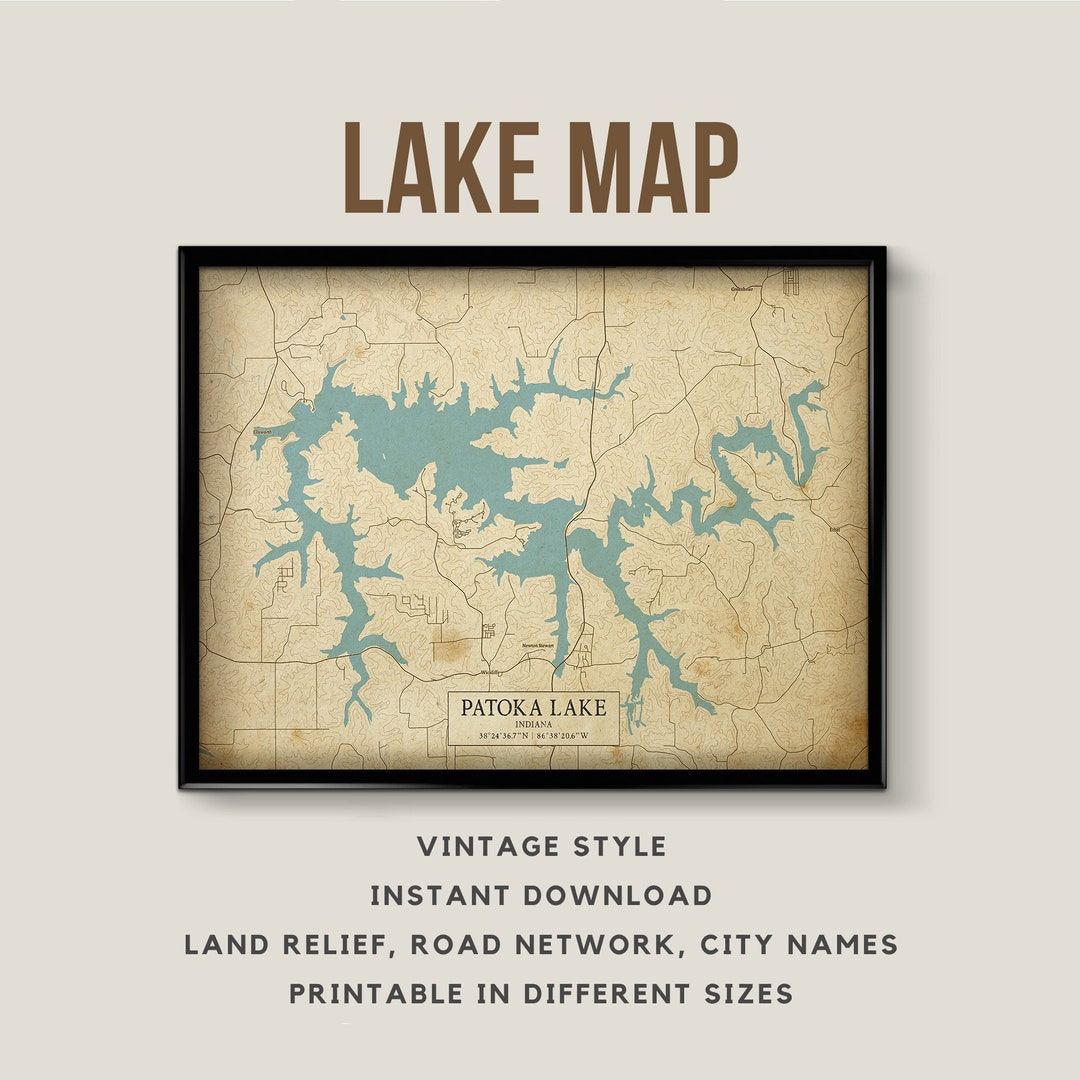 Vintage Style Map of Patoka Lake, Indiana, USA With City Names ...