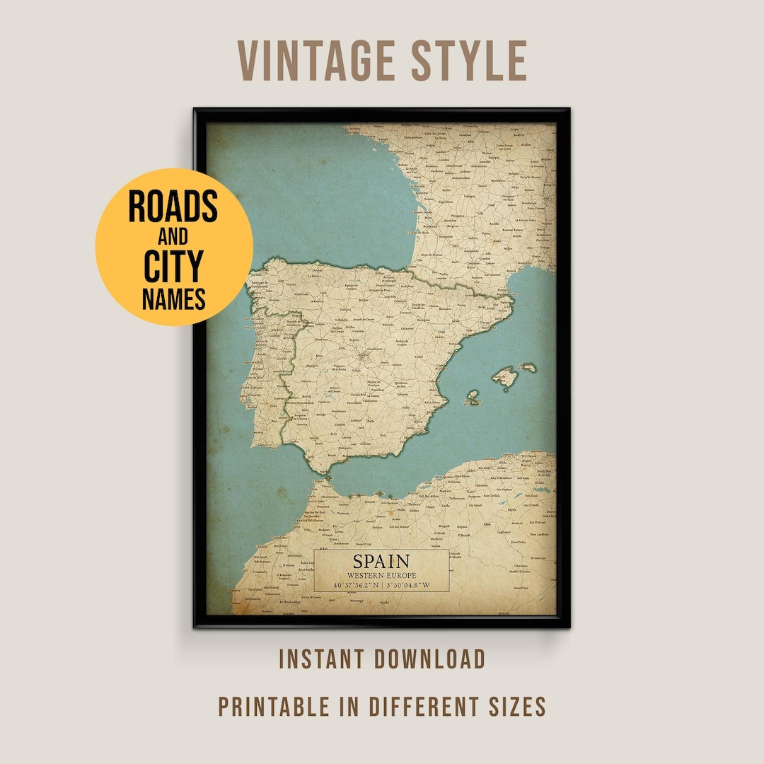 Spain Vintage Style Map With Roads and City Names, Printable Spain ...