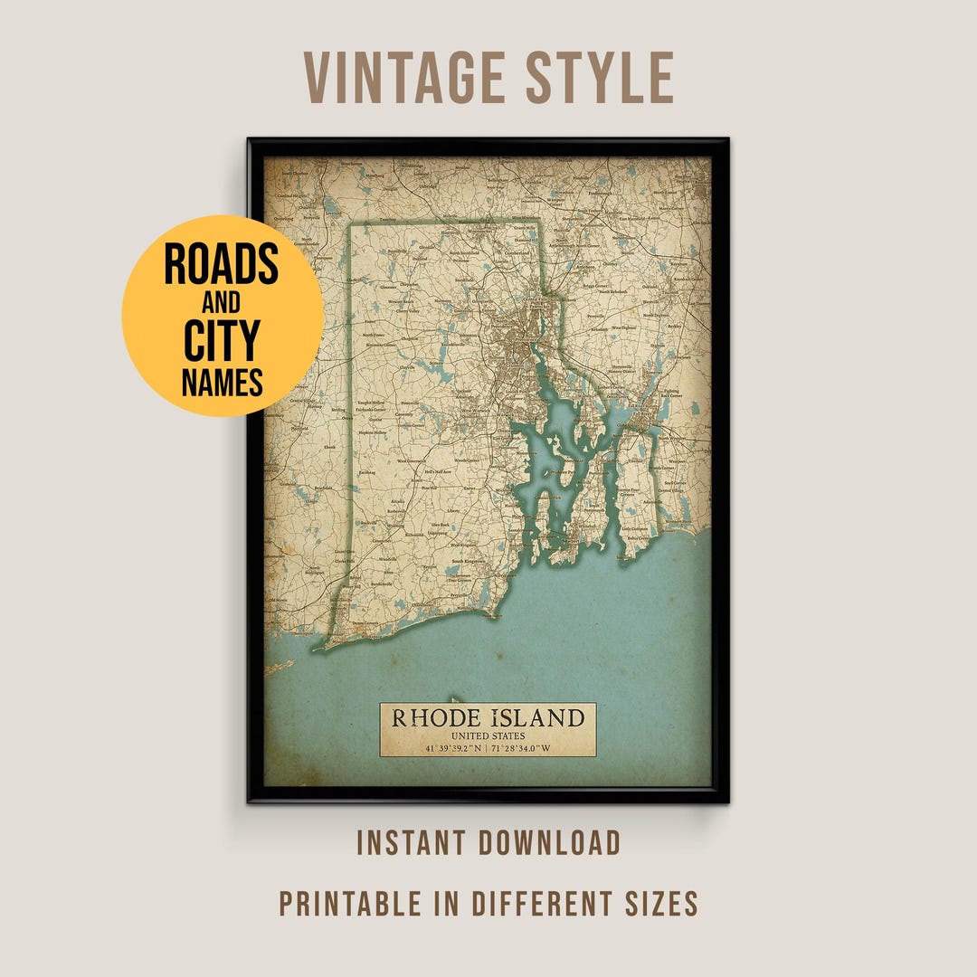 Rhode Island Vintage Style Map With Roads and Cities, Printable ...