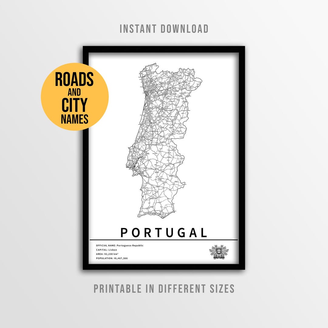 Portugal Map Poster, Lusitania Printable Country Road Map With City ...