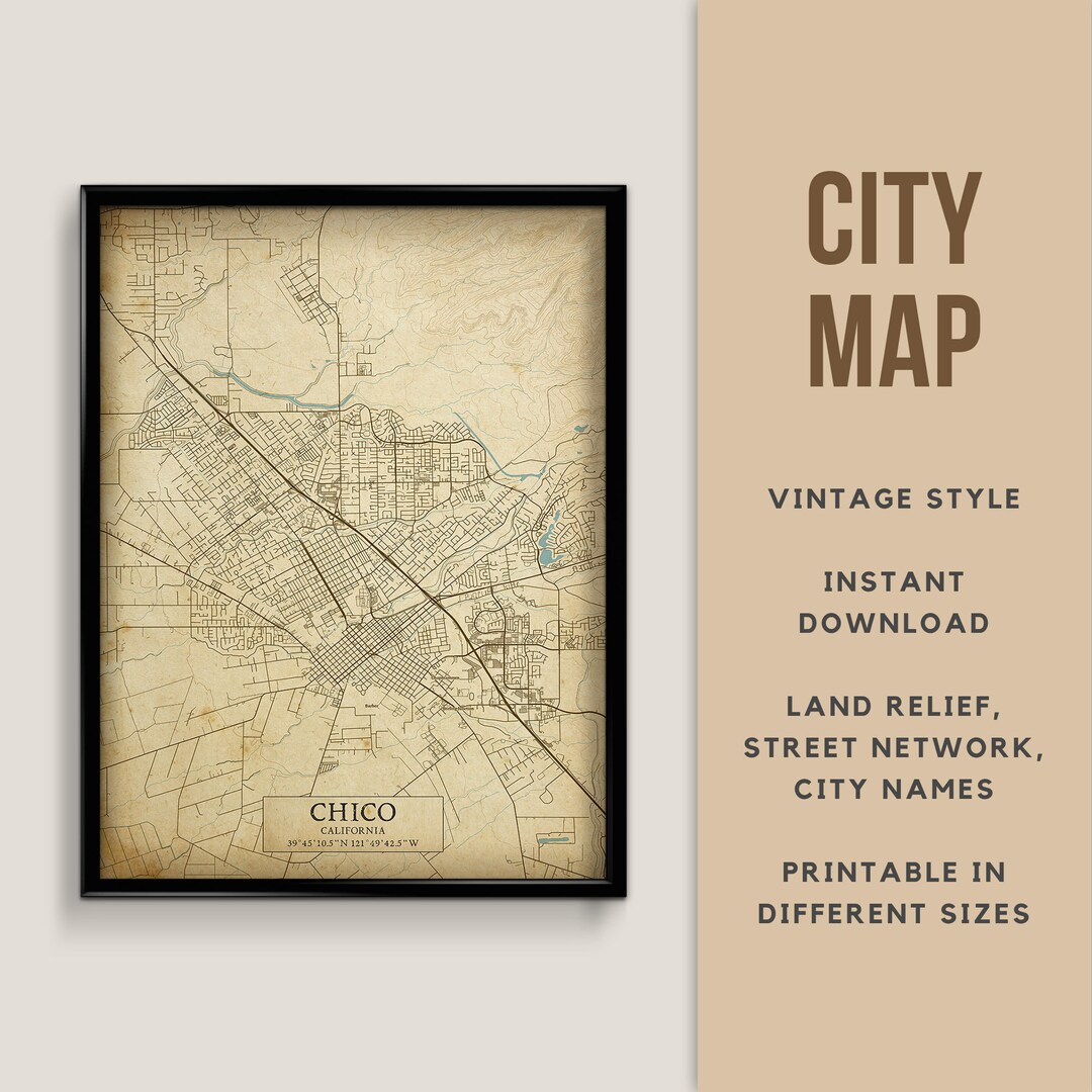 Printable Vintage Style Map of Chico, California, USA Instant Download ...