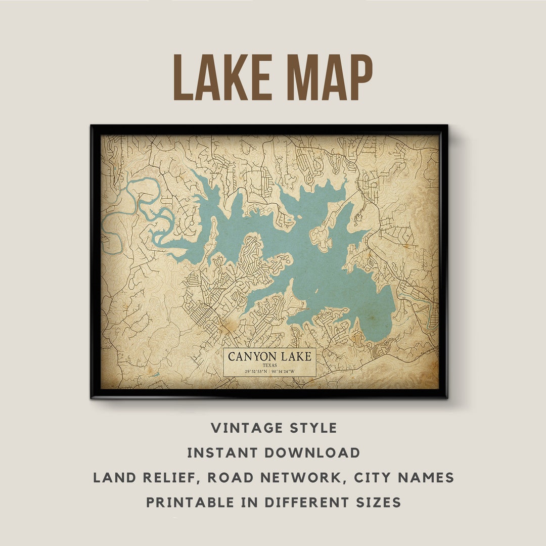 Printable Vintage Style Map of Canyon Lake, Texas, USA With City Names ...