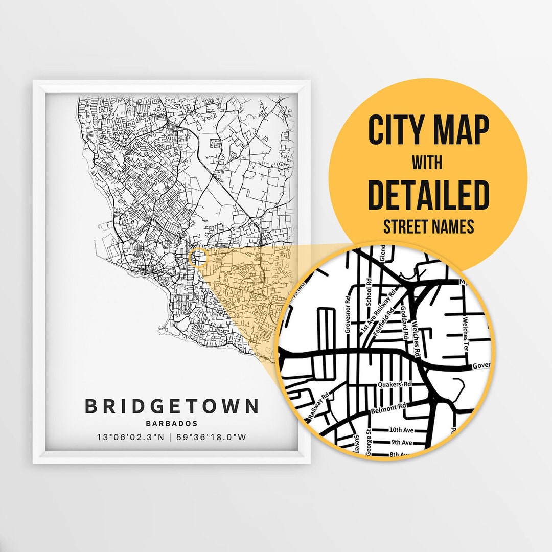 Printable Map of Bridgetown, Barbados With Street Names - Instant ...