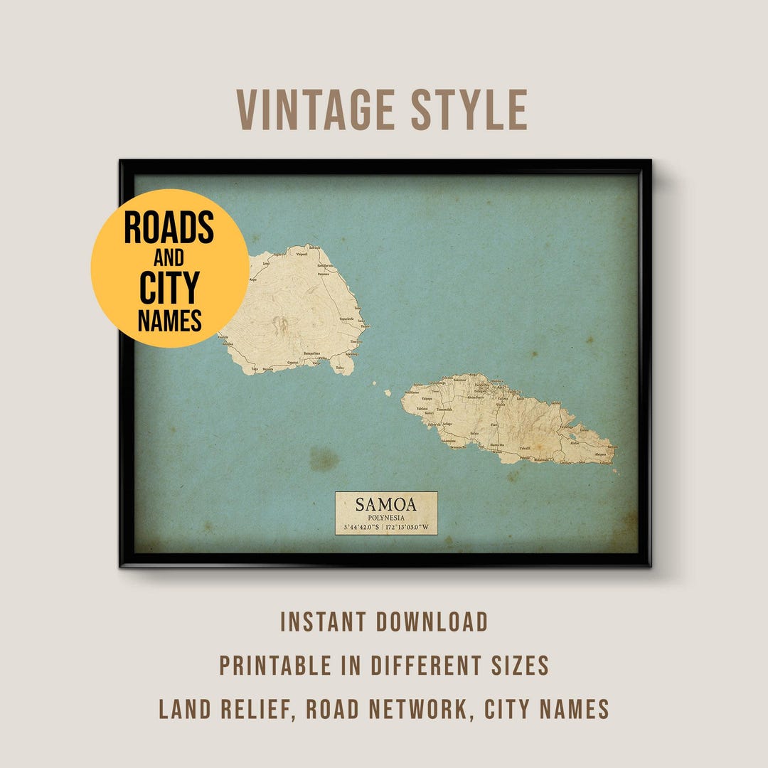 Samoa, Polynesia Vintage Style Map, Printable Savai'i and Upolu City ...