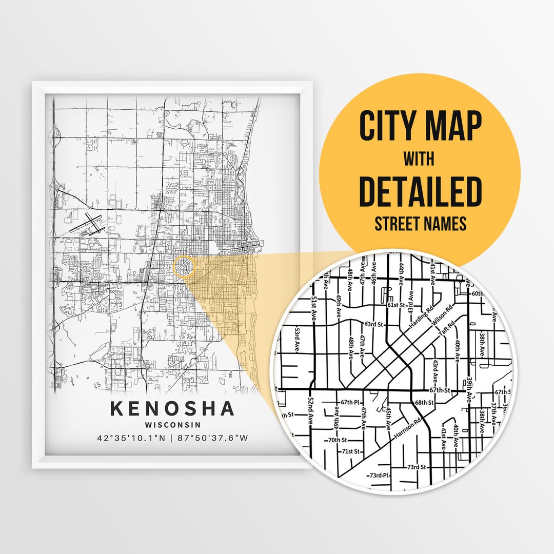 Printable Map of Kenosha, Wisconsin, USA With Street Names - Instant ...