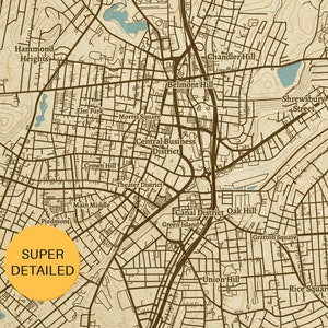 Printable Vintage Style Map of Worcester, Massachusetts, USA - Instant ...