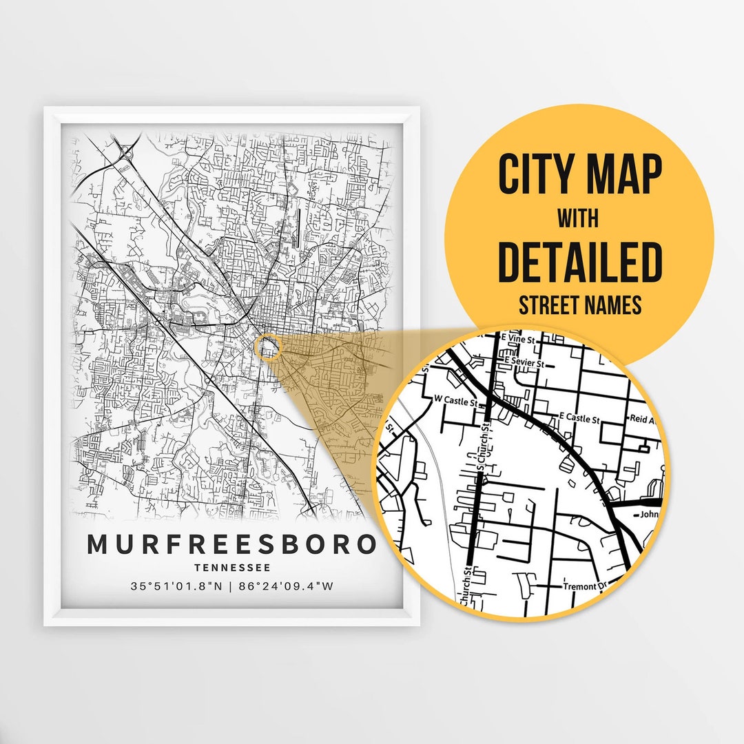 Printable Map of Murfreesboro, Tennessee, USA With Street Names ...
