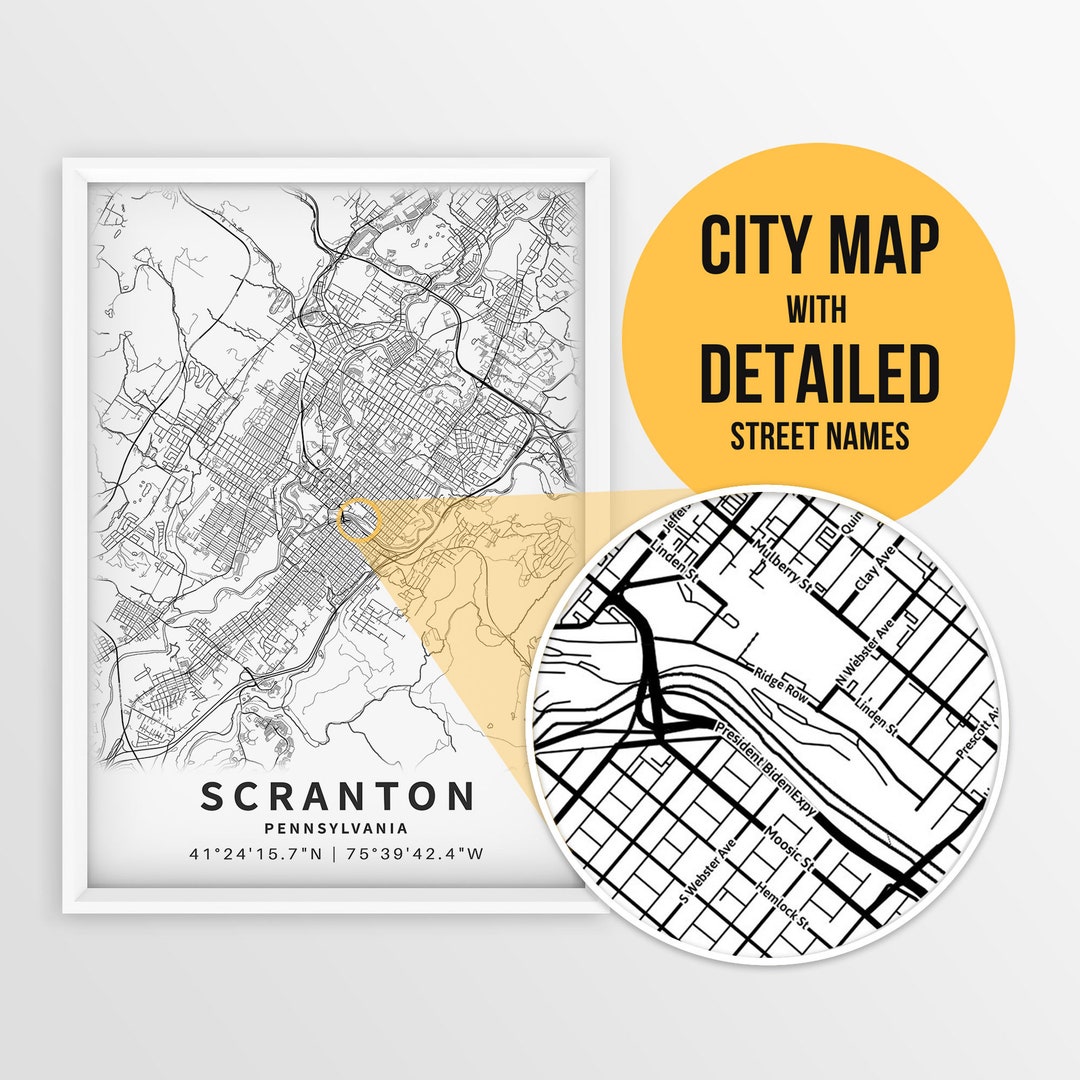 Printable Map of Scranton, Pennsylvania, USA With Street Names ...