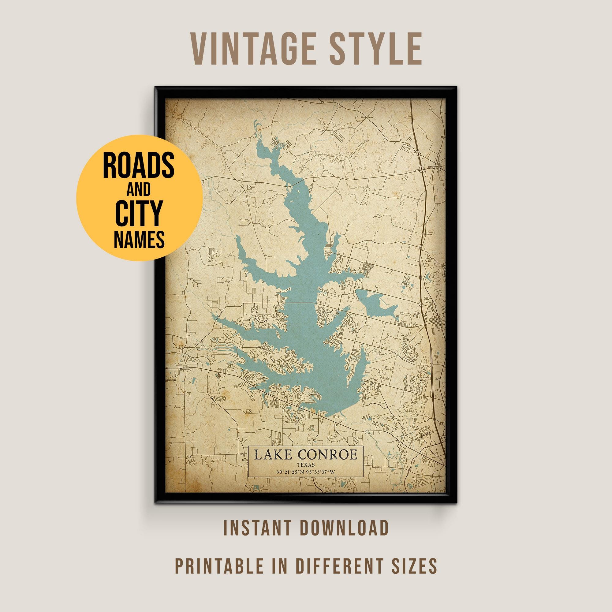 Lake Conroe Vintage Style Map, Printable Texas Lake House Poster ...
