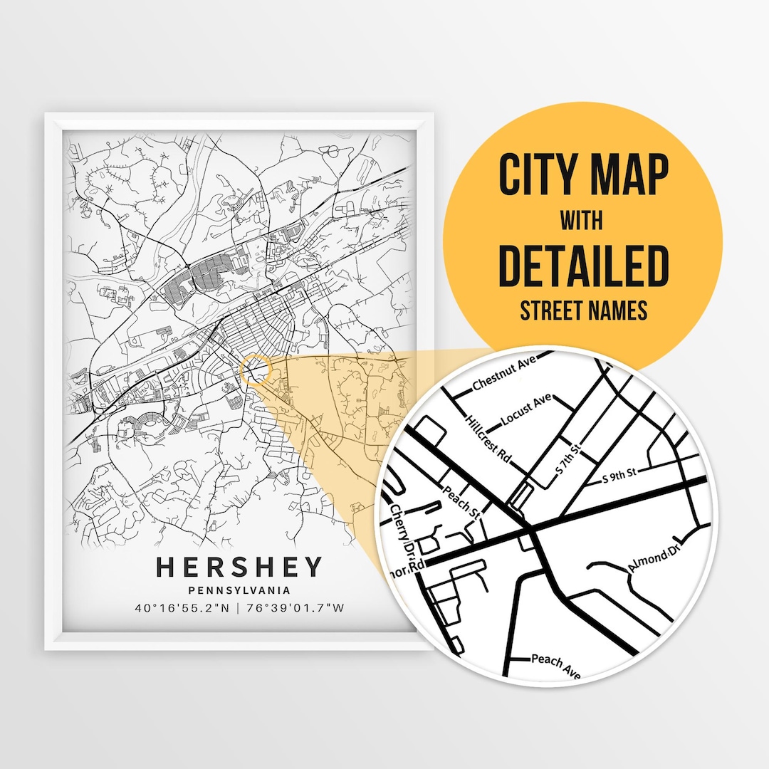 Printable Map of Hershey, Pennsylvania, USA With Street Names - Instant ...