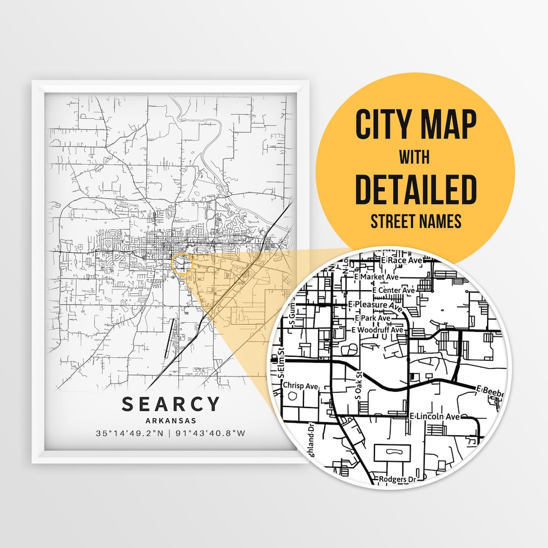 Printable Map of Searcy, Arkansas, USA With Street Names - Instant ...