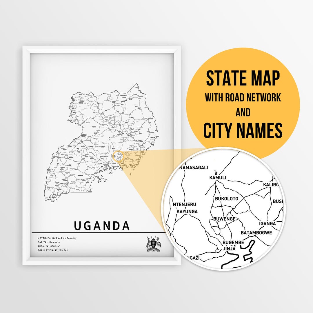 Printable Map of Uganda With City Names and Roads - Instant Download ...