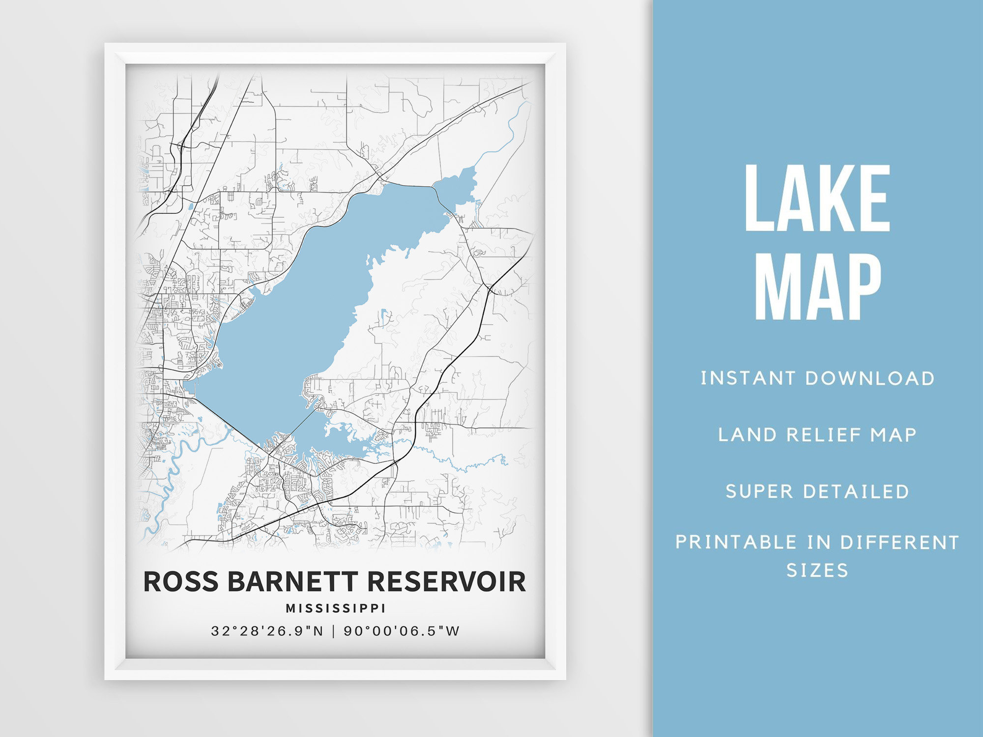 Printable Map of Ross Barnett Reservoir Mississippi United - Etsy