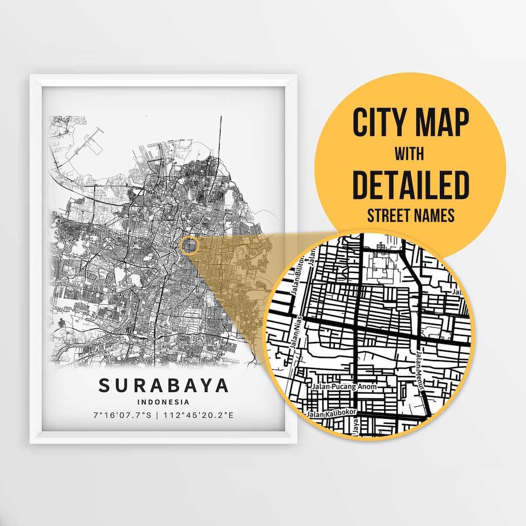 Printable Map Print of Surabaya, Indonesia, East Java With Street Names ...