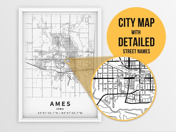 Printable Map of Ames IA With Street Names Iowa USA City - Etsy