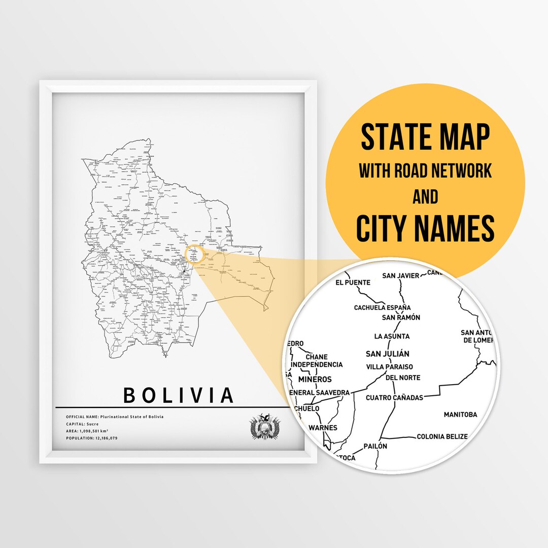 Printable Map of Bolivia With City Names and Roads - Instant Download ...