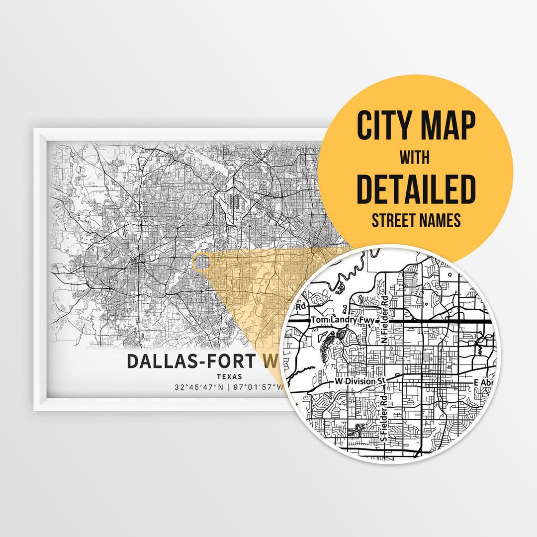 Printable Map of Dallas–fort Worth, Texas, USA With Street Names ...