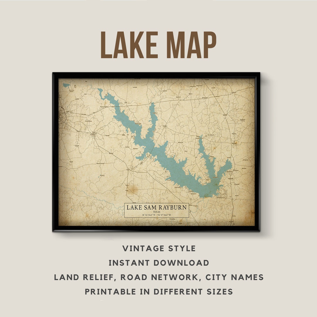 Vintage Style Map of Sam Rayburn Reservoir, Texas, USA With City Names ...