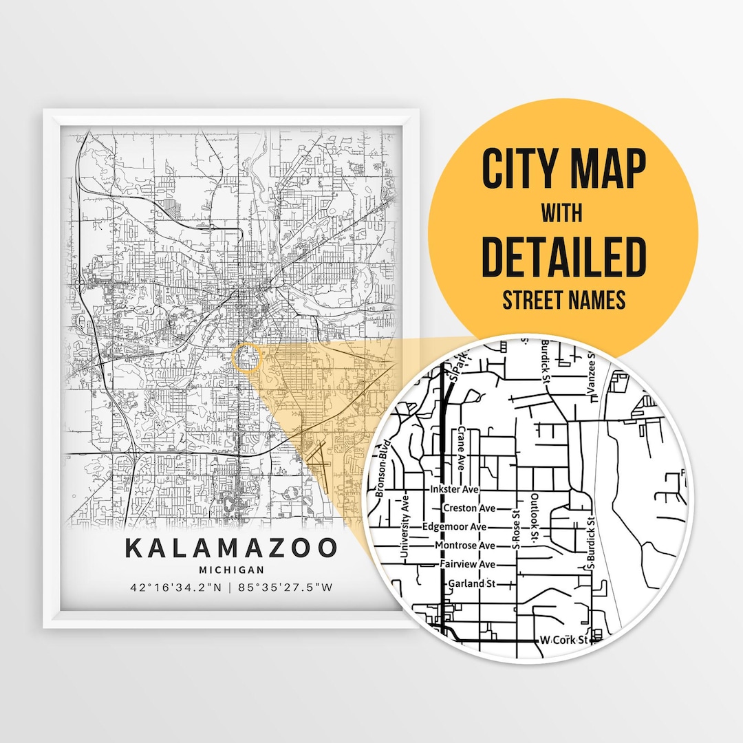 Printable Map of Kalamazoo, Michigan, USA With Street Names - Instant ...