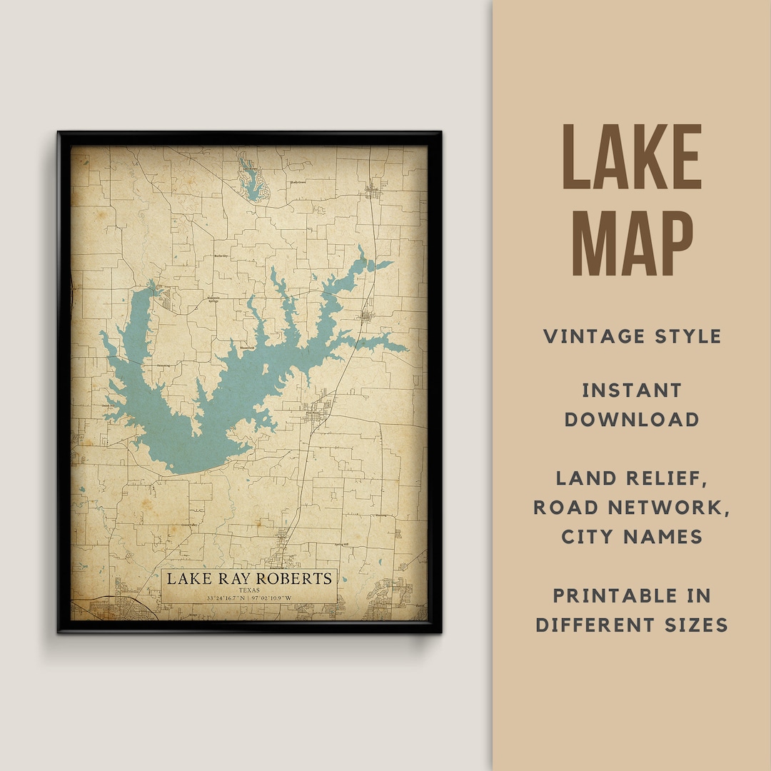Vintage Style Map of Lake Ray Roberts, Texas, USA With City Names ...