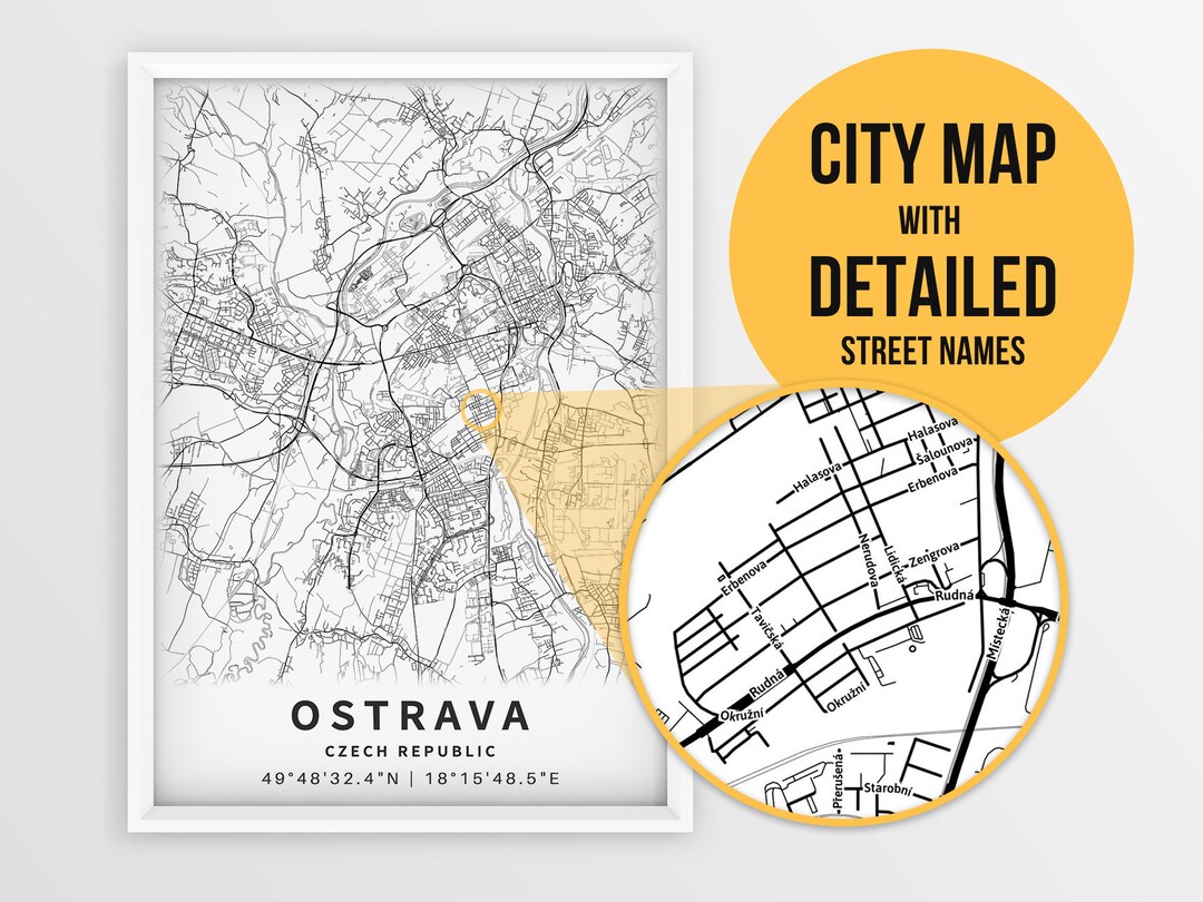Printable Map of Ostrava Czech Republic With Street Names - Etsy