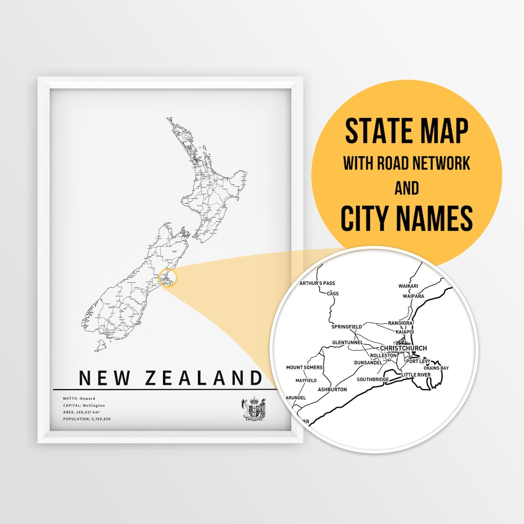 Printable Map of New Zealand With City Names and Roads - Instant ...
