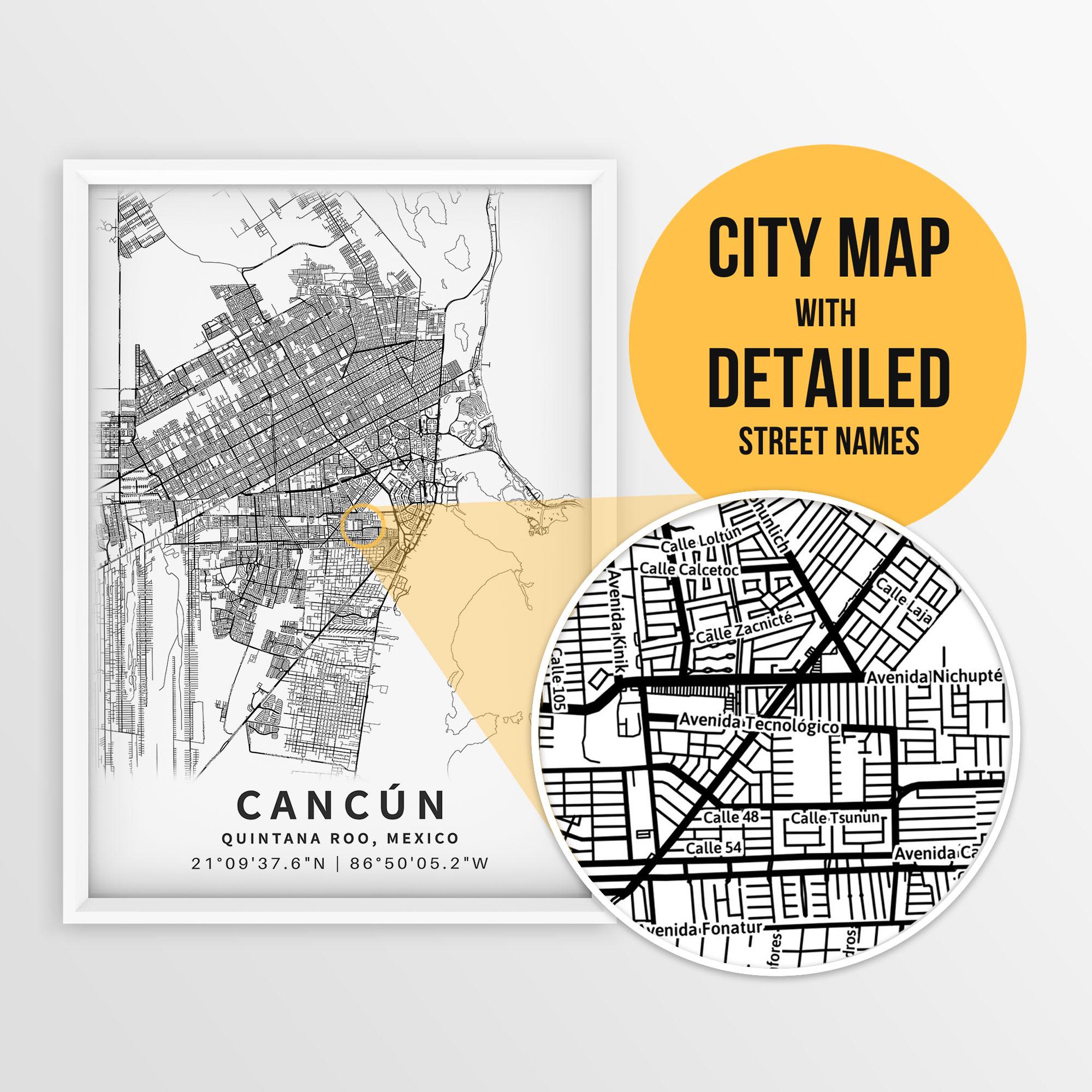 Printable Map of Cancun, Mexico With Street Names - Instant Download ...