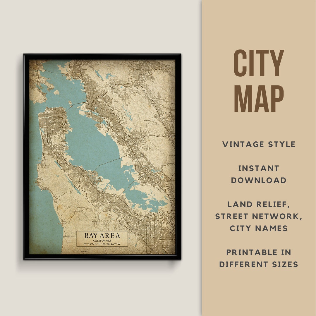 Printable Vintage Style Map of Bay Area, California USA - Instant ...