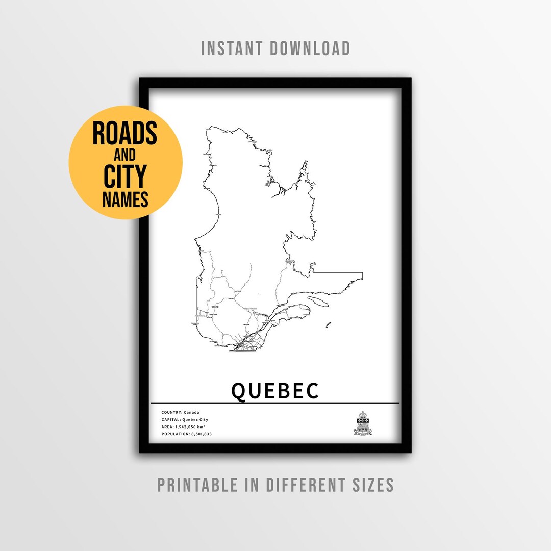 Quebec Map Poster, Printable Canada Road Map With City Names (instant ...