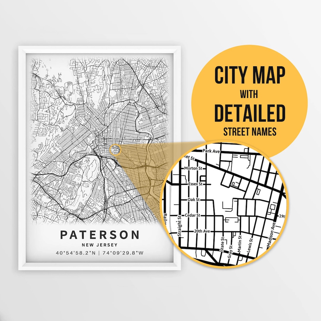 Printable Map of Paterson, New Jersey, USA With Street Names - Instant ...