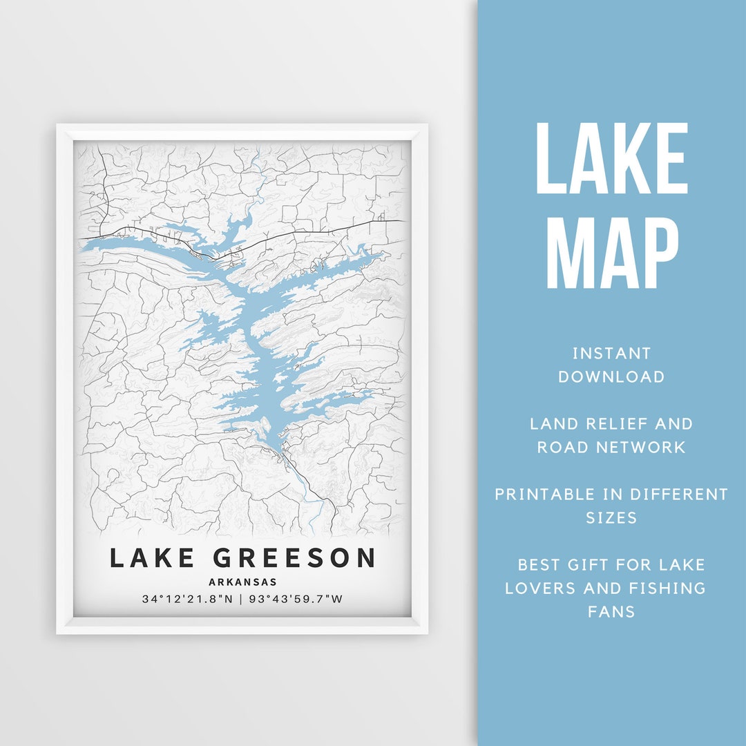Printable Map of Lake Greeson, Arkansas, US - Instant Download \ Lake ...