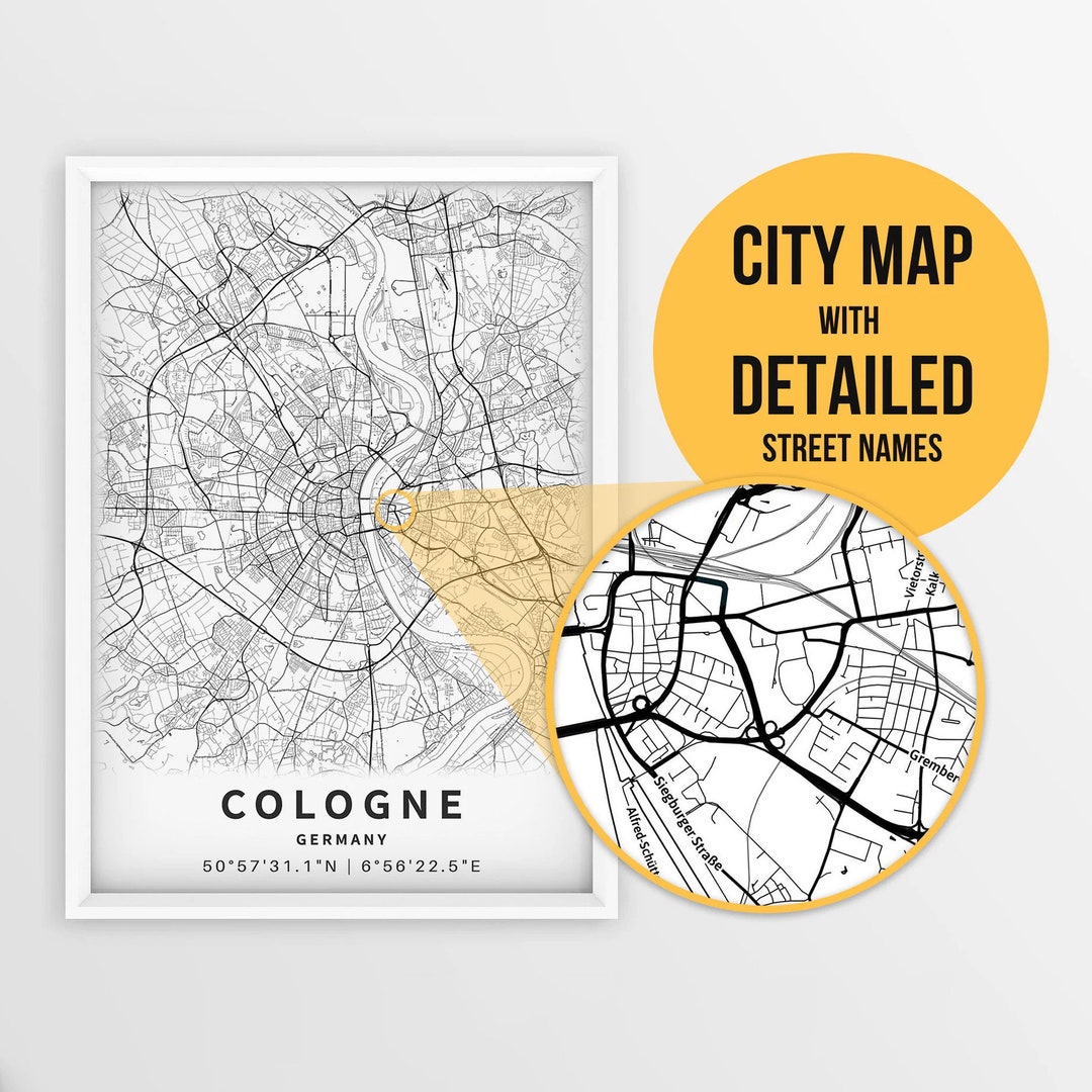 Printable Map of Cologne, Germany With Street Names - Instant Download ...