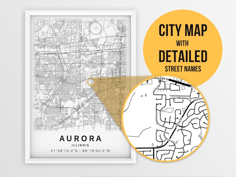 Printable Map of Aurora Illinois USA With Street Names - Etsy