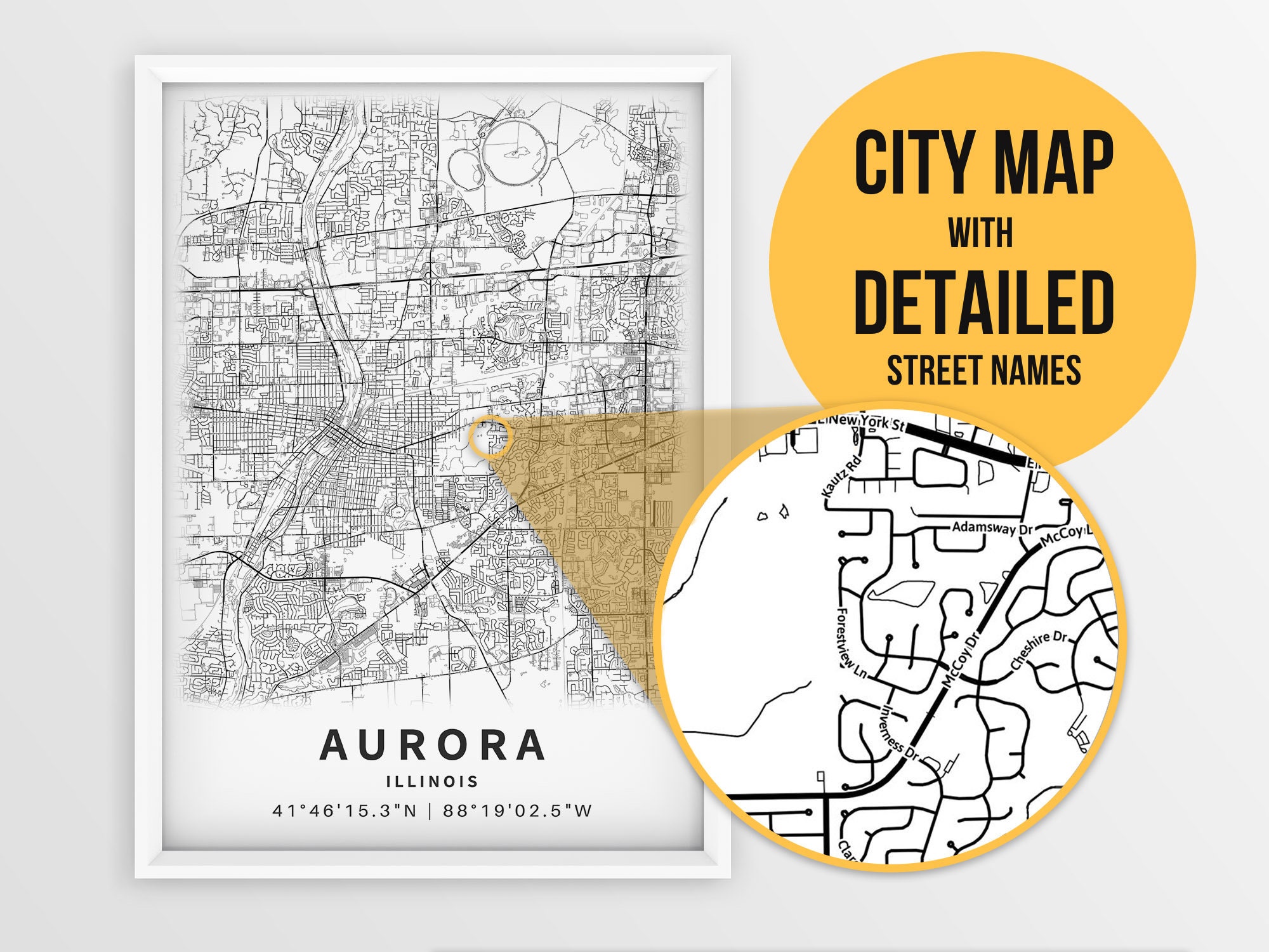 Printable Map of Aurora Illinois USA With Street Names - Etsy