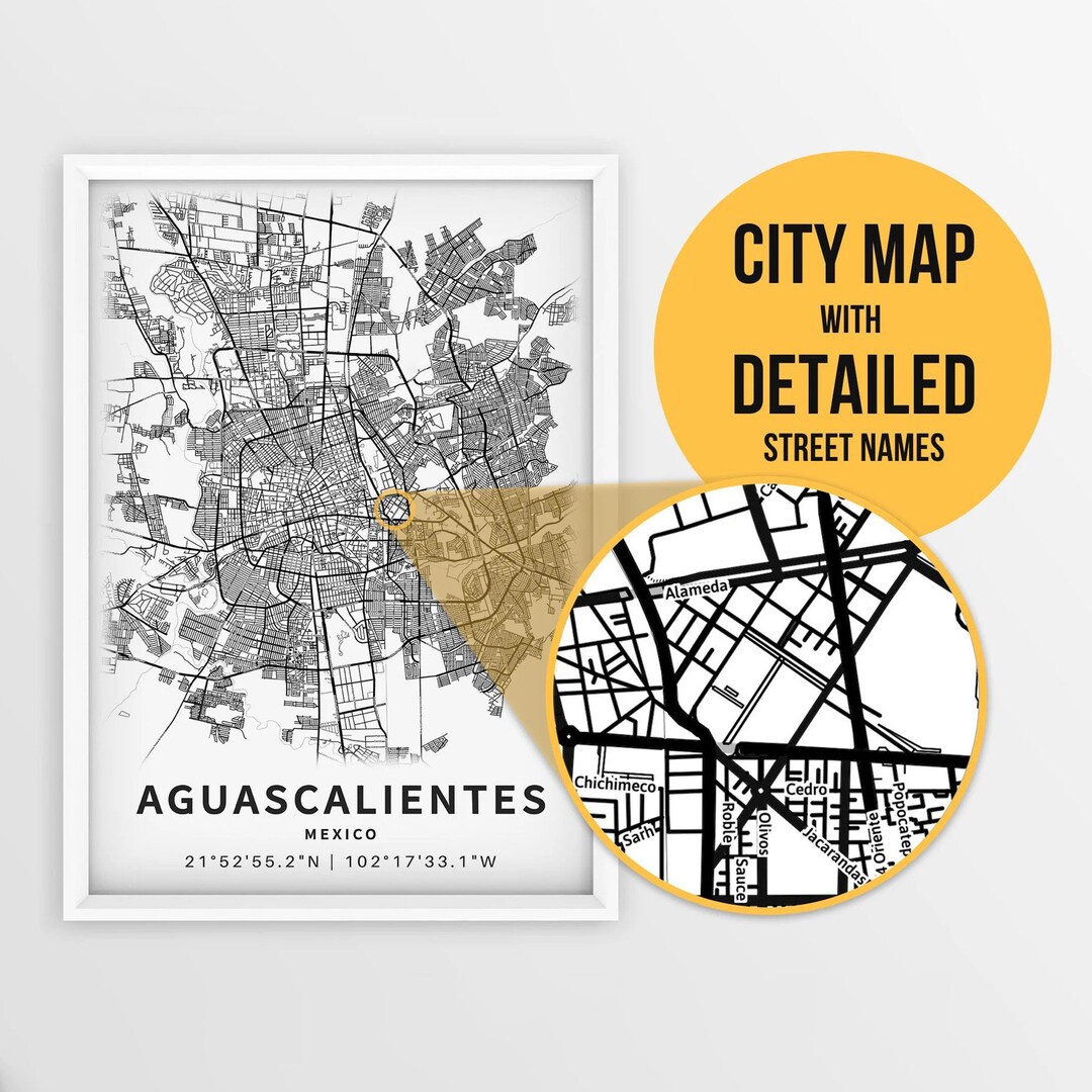 Printable Map of Aguascalientes, Mexico With Street Names - Instant ...