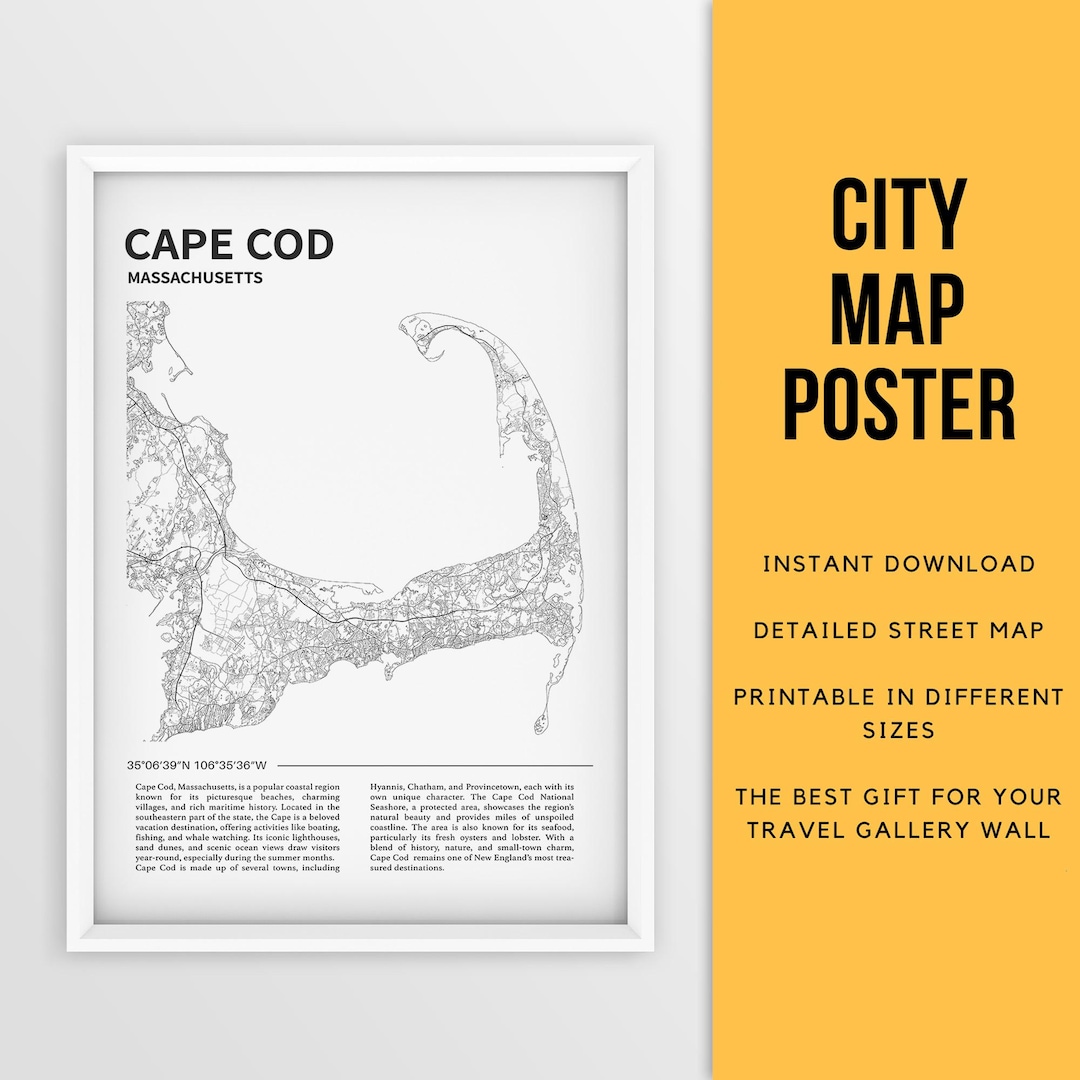 Cape Cod, Massachusetts, USA Printable Map Poster - Instant Download ...