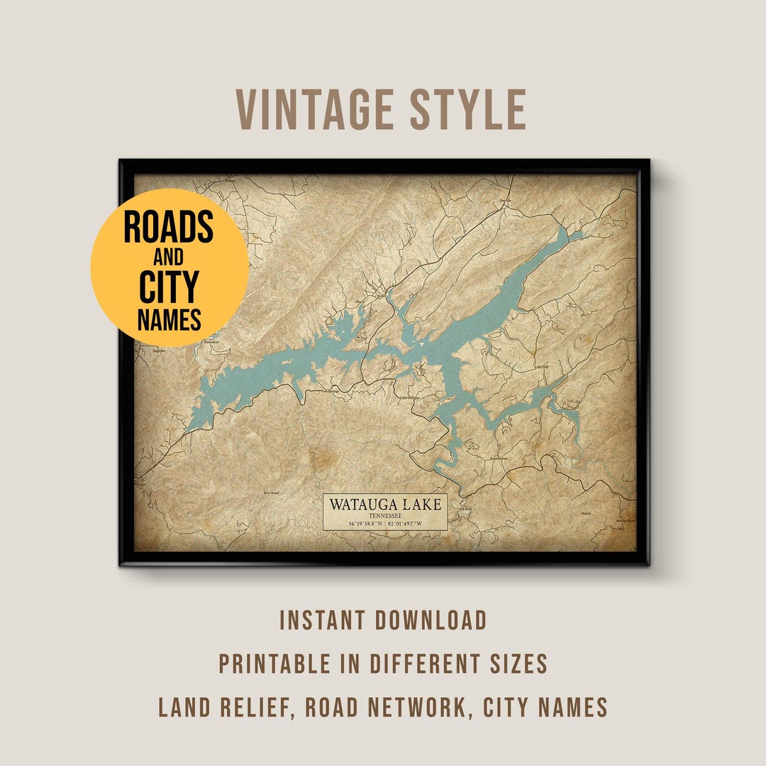 Watauga Lake Vintage Style Map, Printable Tennessee Lake House Poster ...